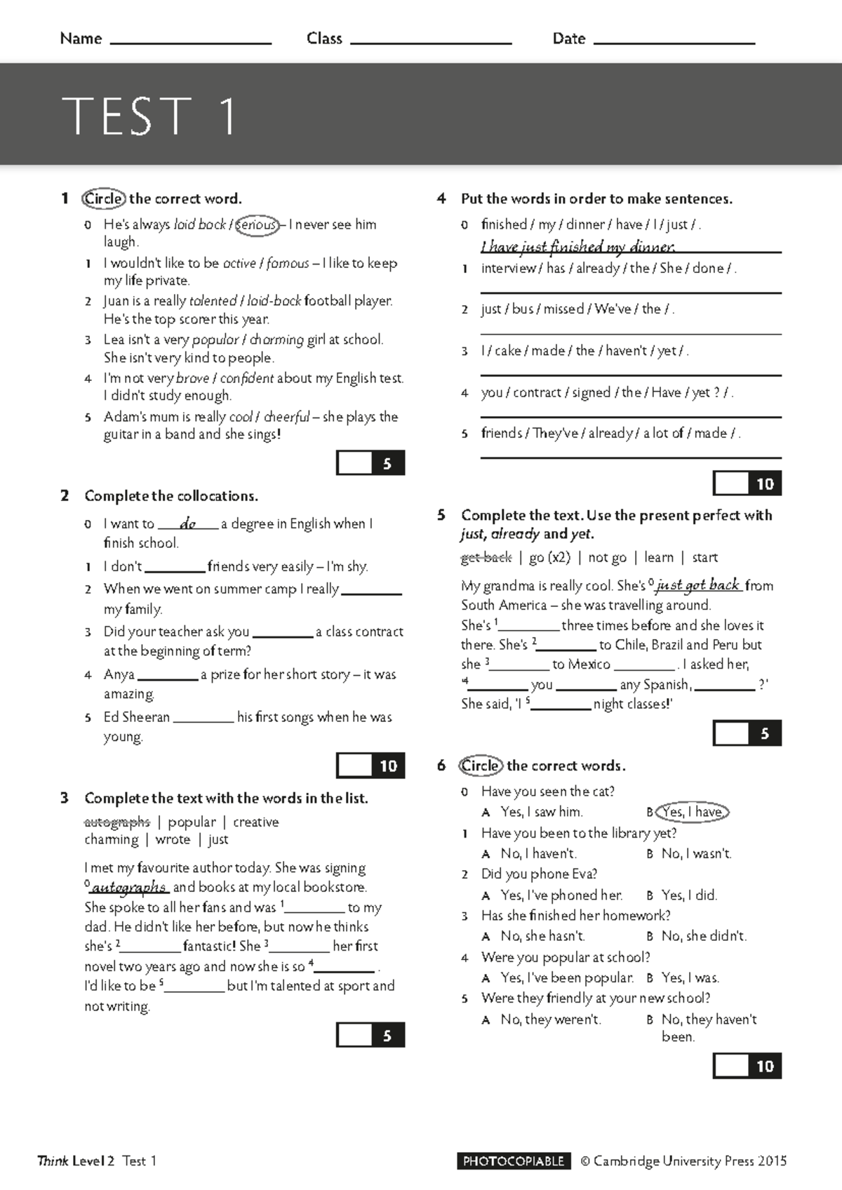 Think 2 Unit 1 Test - 4 P t t e wo s o e to a e se te ces. 0 s e / y ...