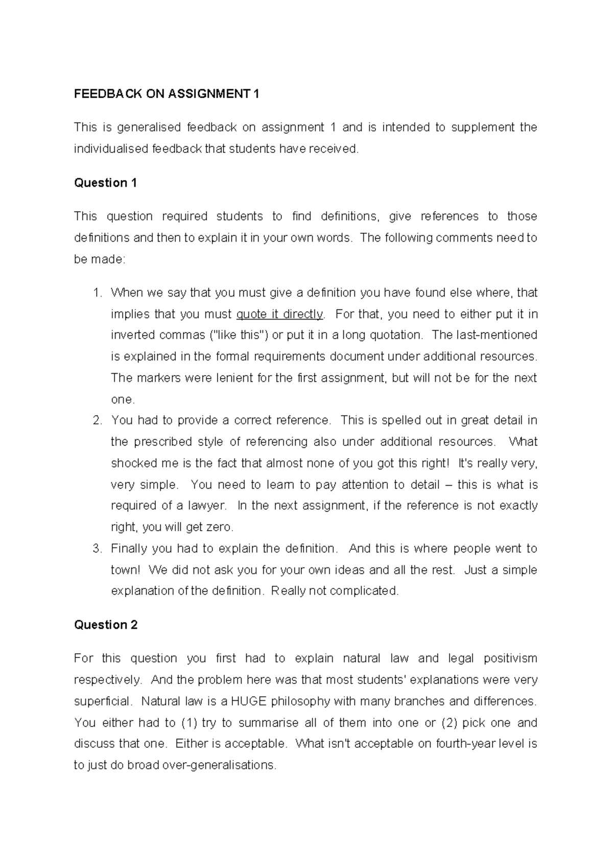 Feedbackonassignment 1-2 - FEEDBACK ON ASSIGNMENT 1 This is generalised ...