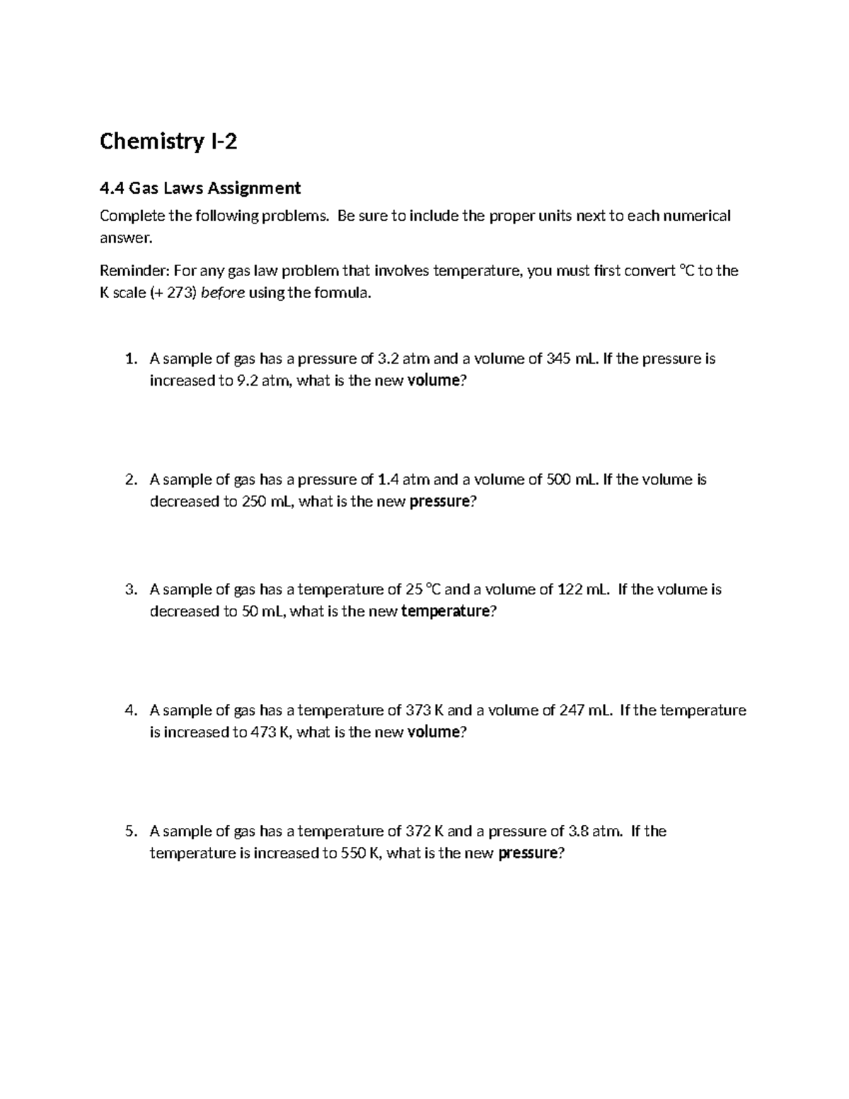 4.4 Gas Laws Assignment - Chemistry I- 4 Gas Laws Assignment Complete ...