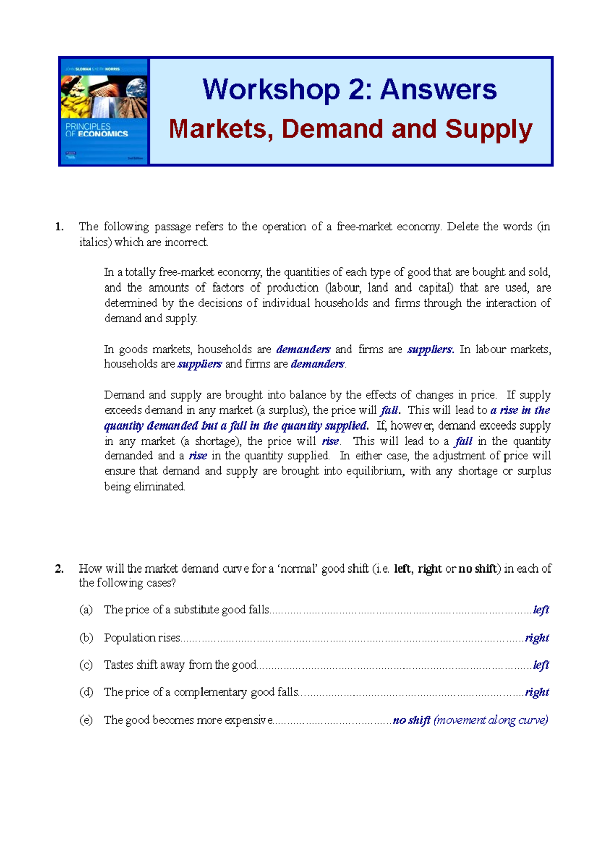 Workshop 2 (Markets, Demand and Supply) Solutions - 1. The following ...