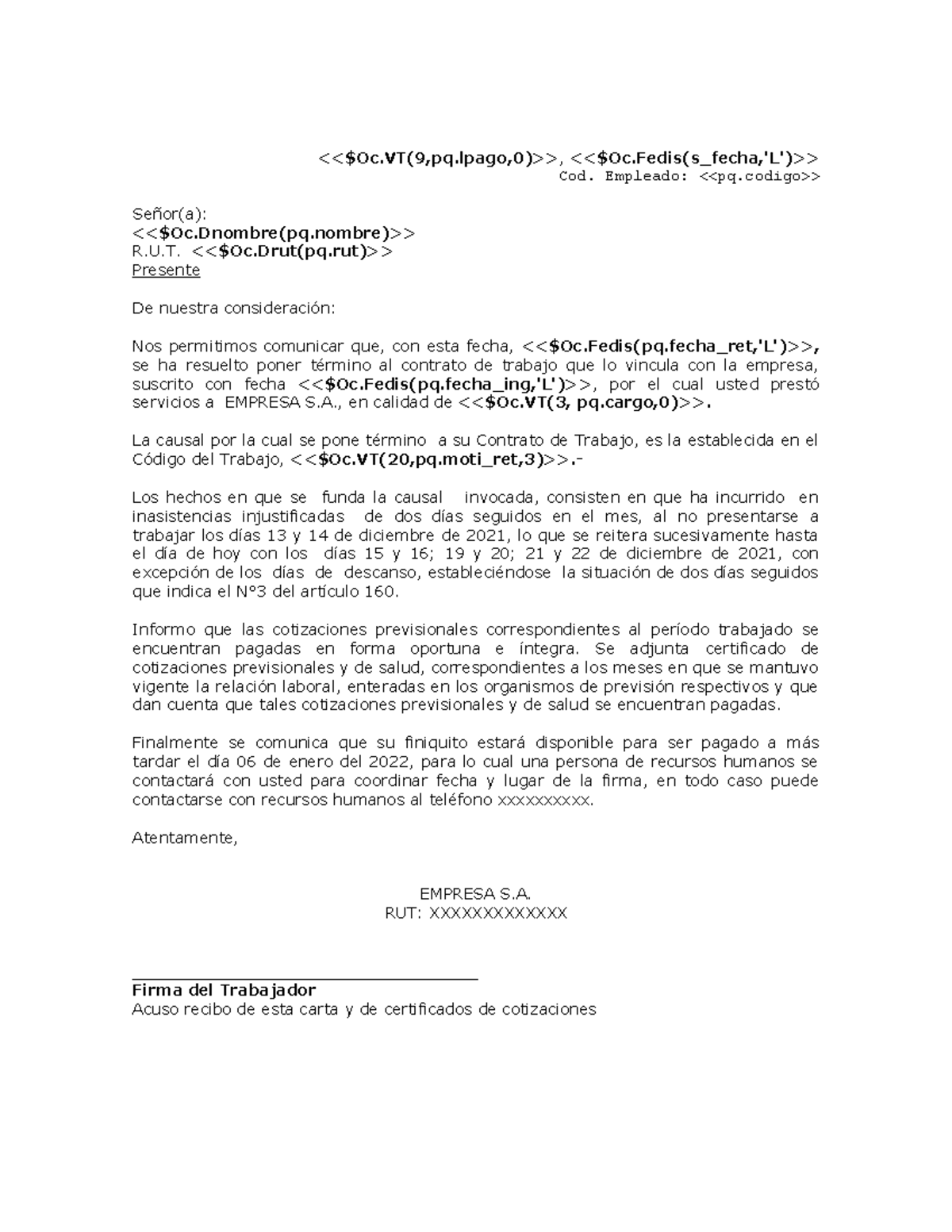 Modelo Carta DE Aviso - , Cod. Empleado: - Studocu