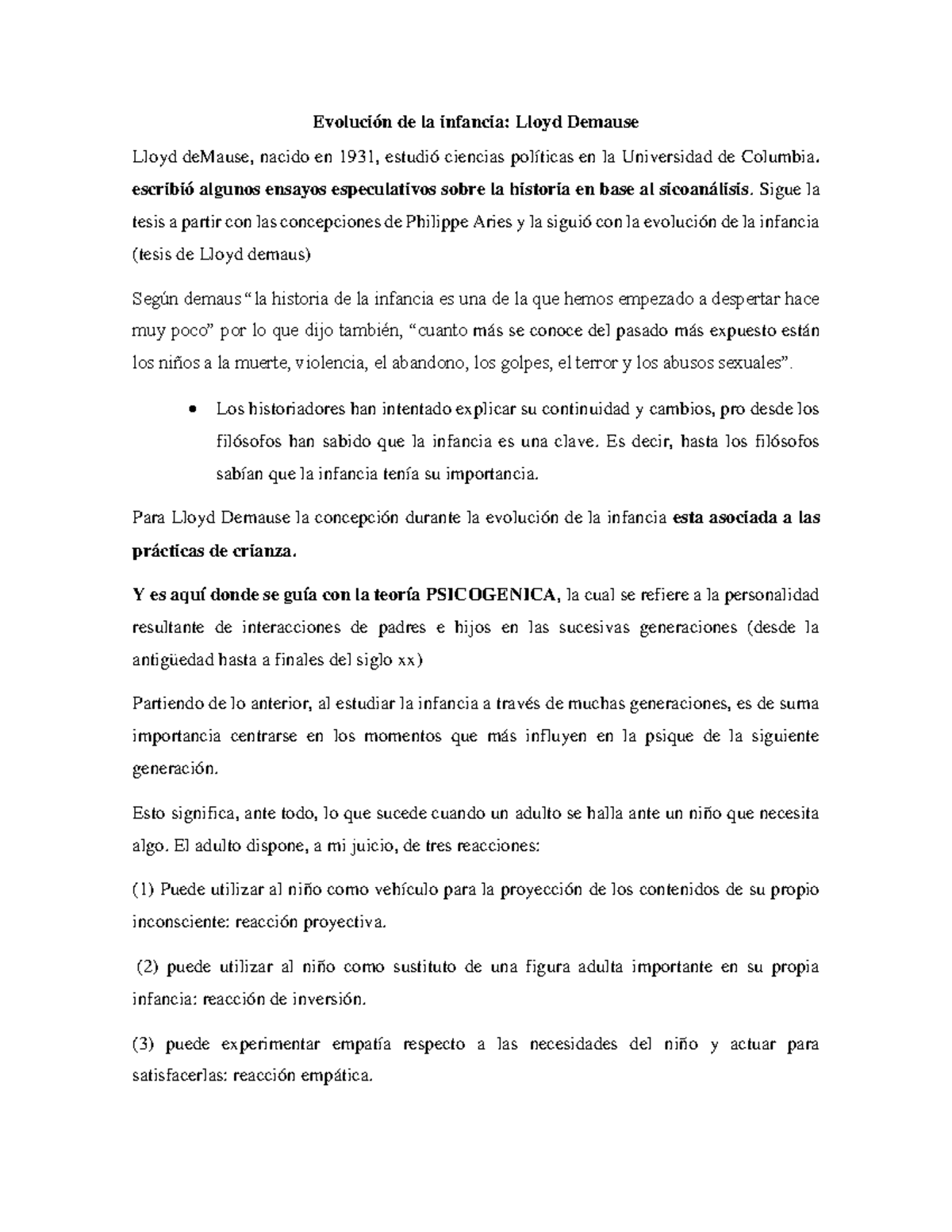 Resumen del libro de Loyd de mause - Evolución de la infancia: Lloyd ...