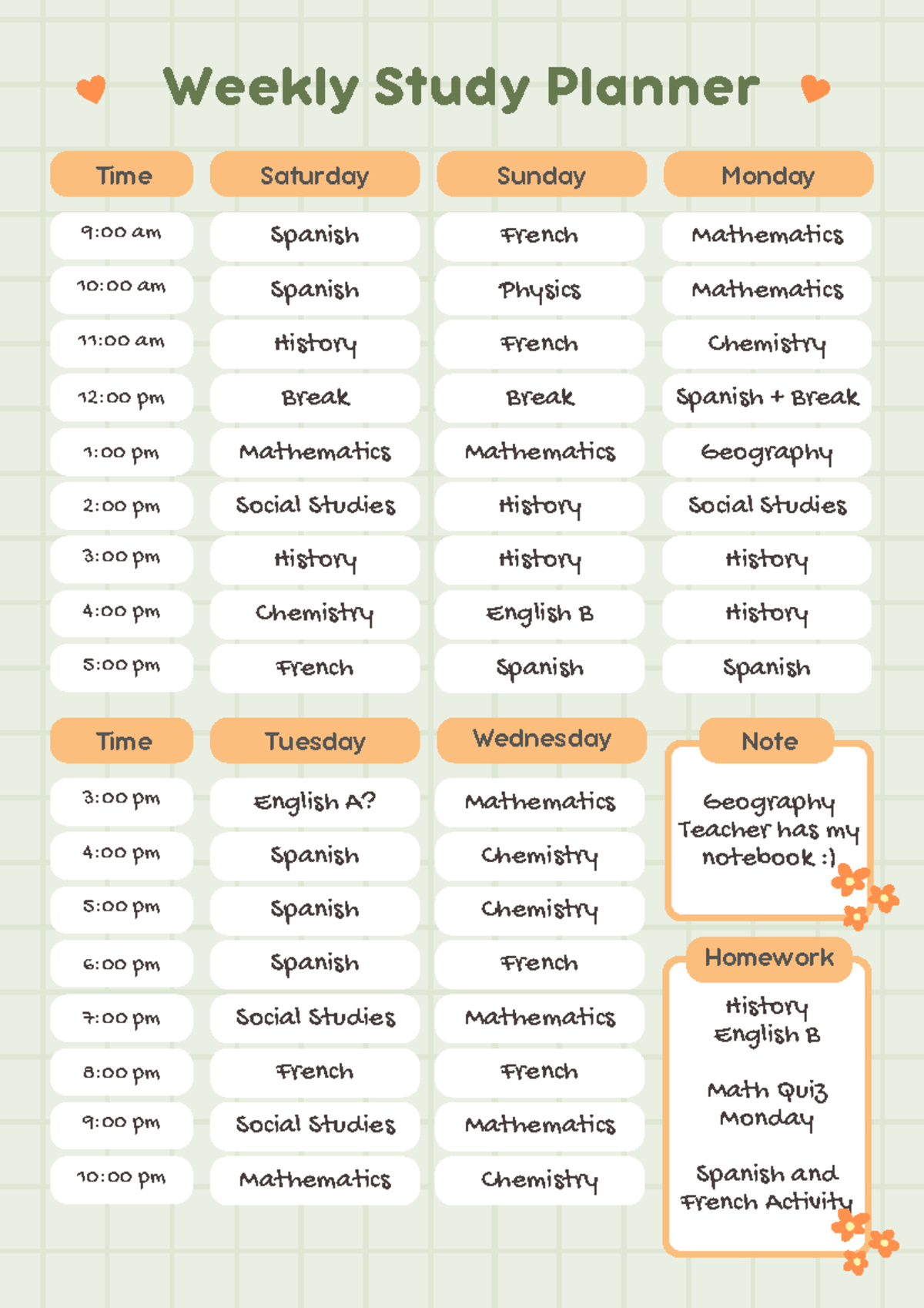 Green Cute Playful Doodle Weekly Study Planner - Spanish English A ...