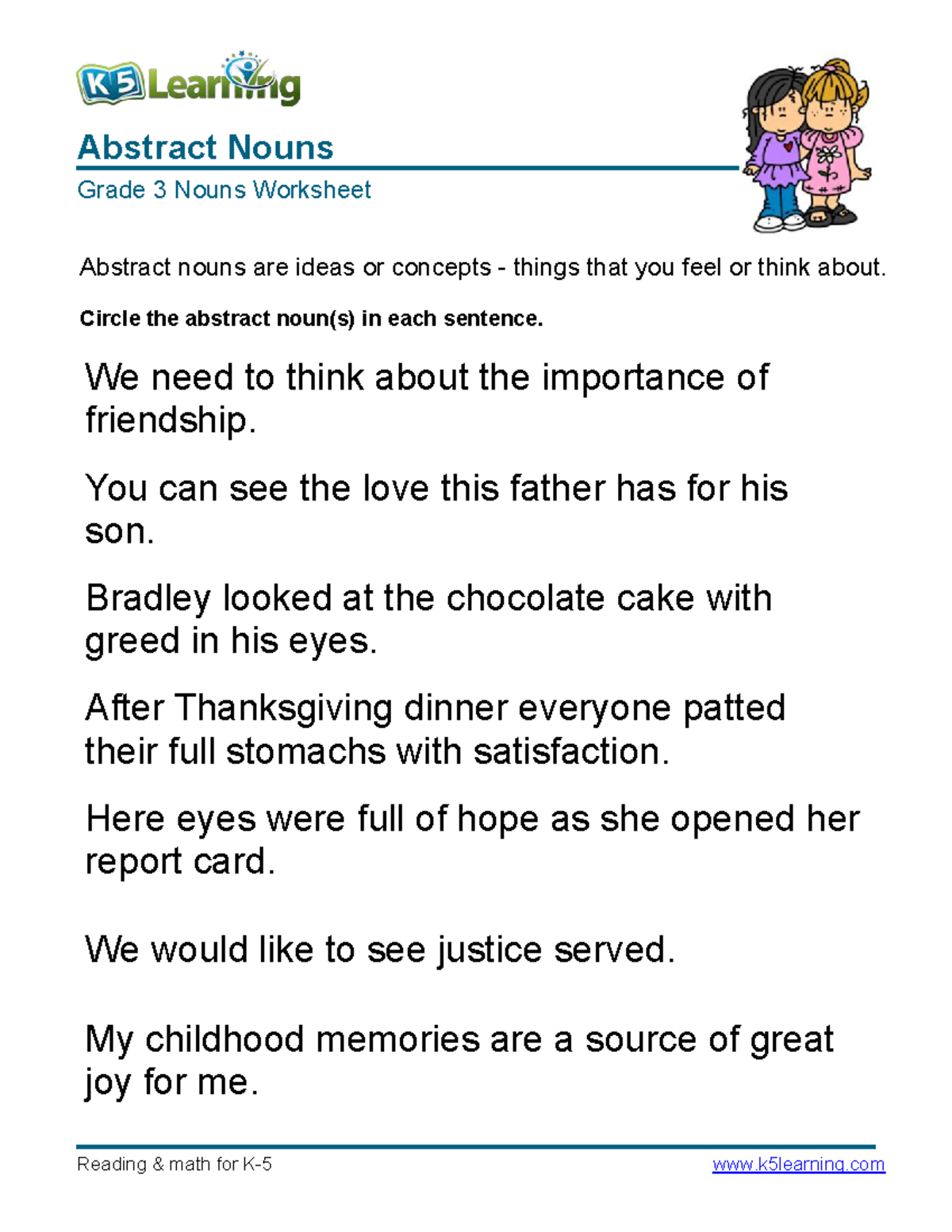 3rd grade circle abstract noun 1 - Abstract Nouns Grade 3 Nouns ...