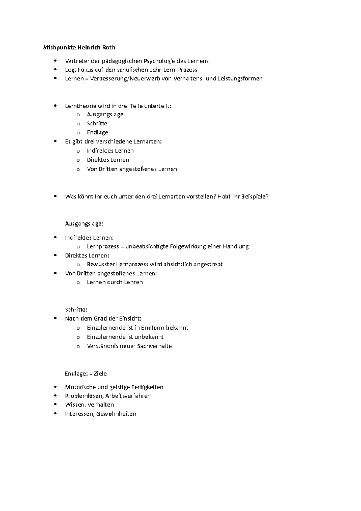 Stichpunkte Roth - Lerntheorien nach Roth kleine Übersicht mit den ...