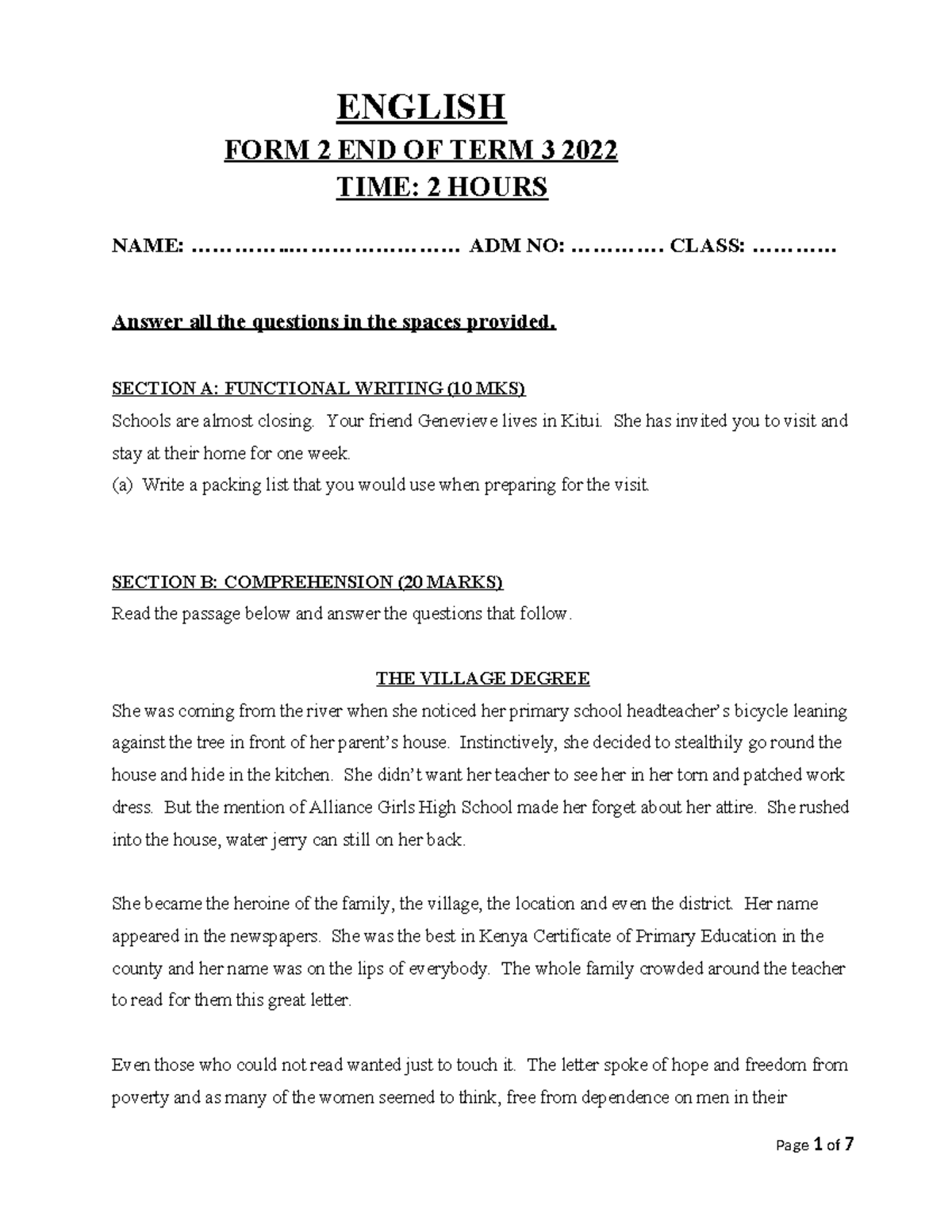 ENG-QN-1 - Summary Bsc Mathematics - ENGLISH FORM 2 END OF TERM 3 2022 TIME: 2 HOURS NAME: - Studocu