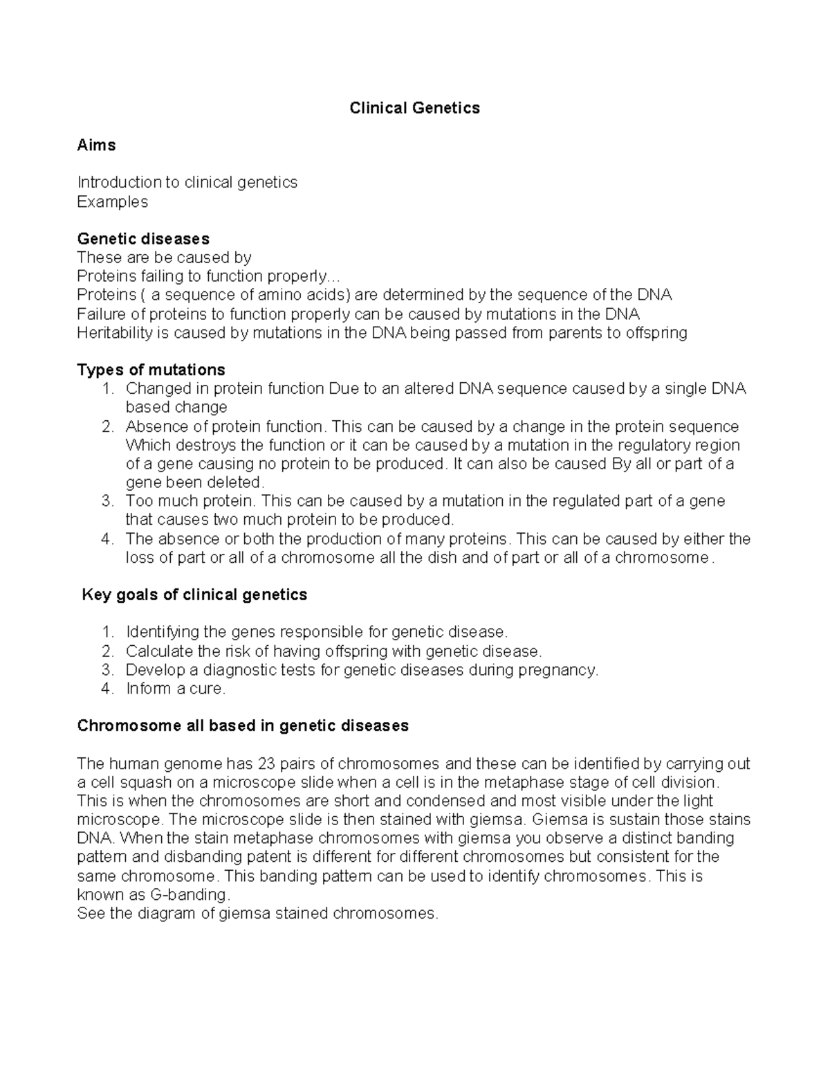 Clincal Genetics notes - Clinical Genetics Aims Introduction to ...