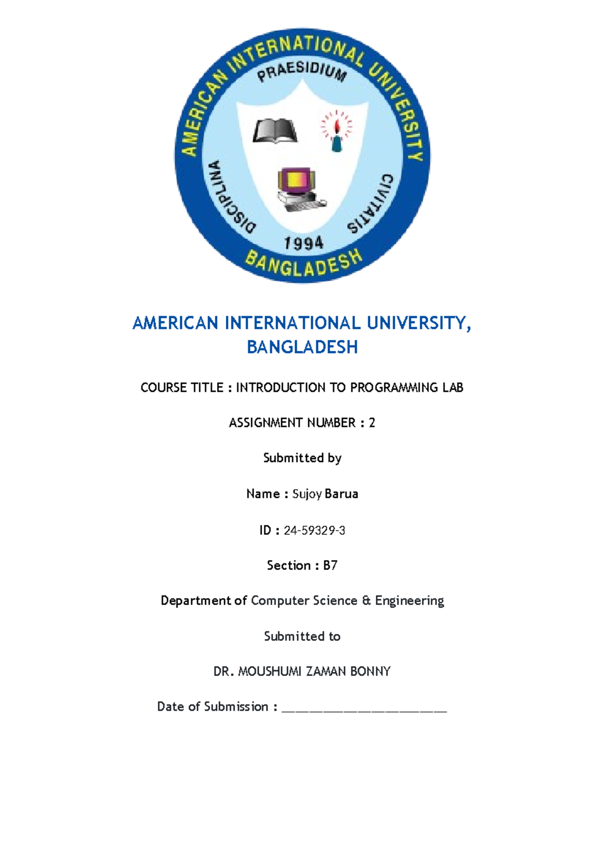 AIUB Assignment Cover Sheet - Programming Language 1 - AMERICAN INTERNATIONAL UNIVERSITY ...