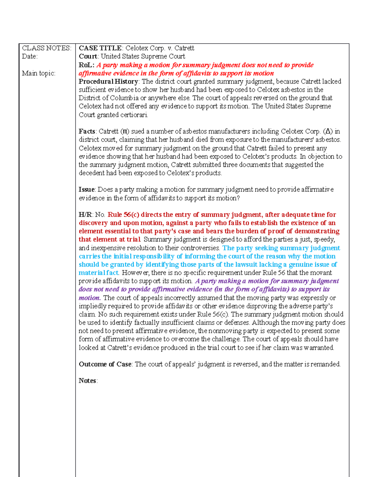 Celotex Corp. v. Catrett - CLASS NOTES: Date: Main topic: CASE TITLE ...