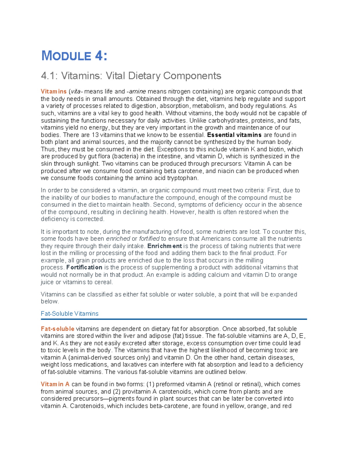 Module 4 Diet and Nutrtition Notes - MODULE 4: 4: Vitamins: Vital ...