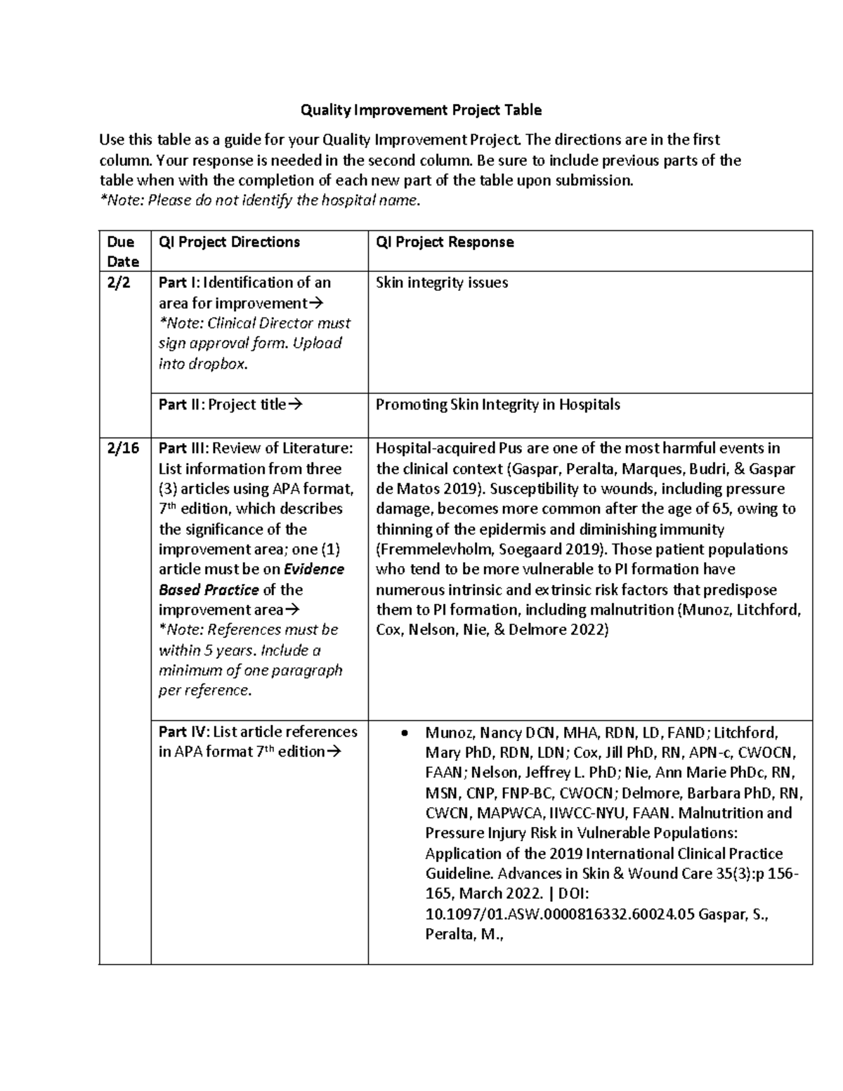 Quality Improvement Project - The directions are in the first column ...