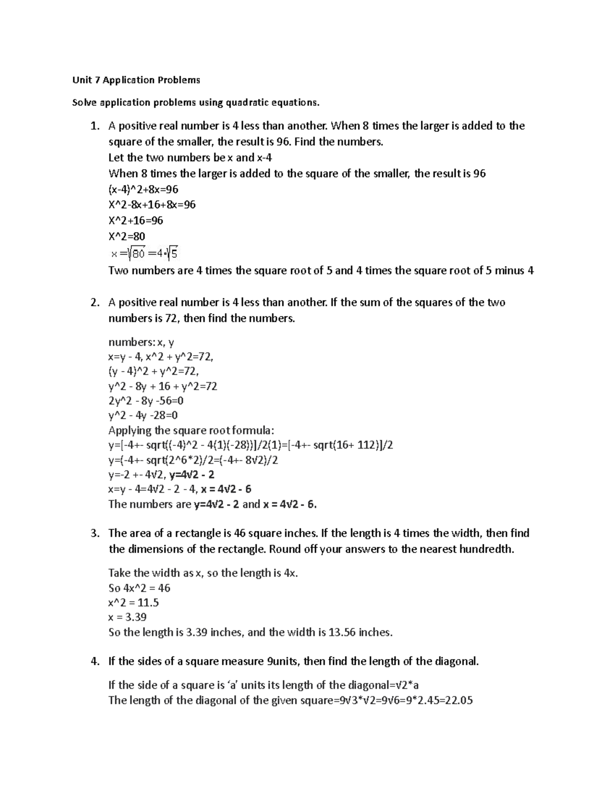 Biel MA109 Unit7 - Unsure - Unit 7 Application Problems Solve application problems using ...
