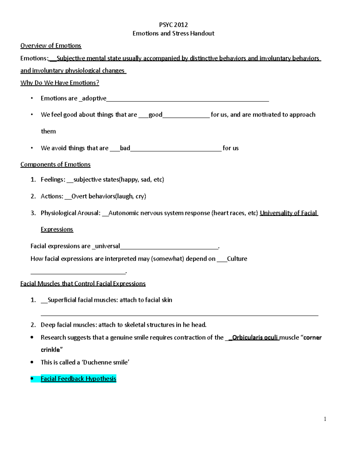 PSYC 2012 Emotions Stress Handout - PSYC 2012 Emotions and Stress ...