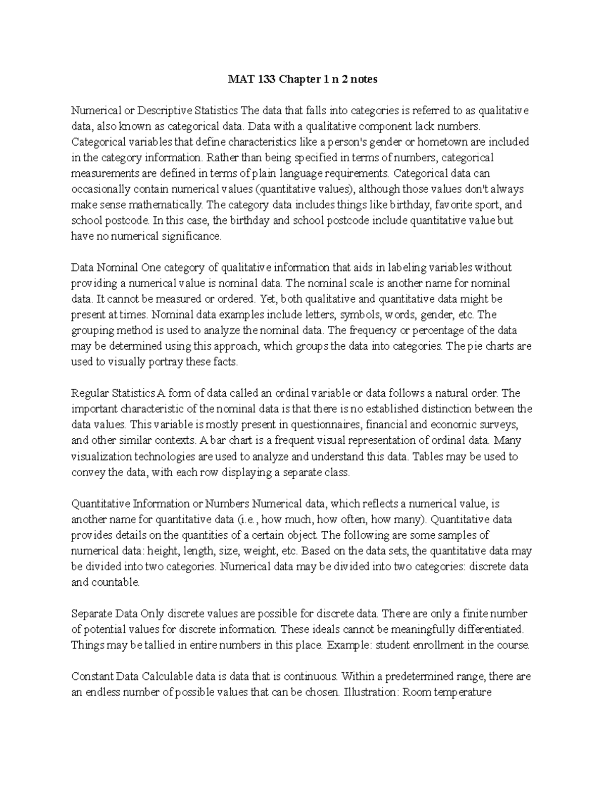 MAT 133 Chapter 1 n 2 notes - MAT 133 Chapter 1 n 2 notes Numerical or ...