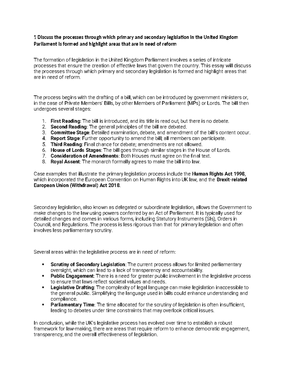 Legislation-essay - 1 Discuss the processes through which primary and ...