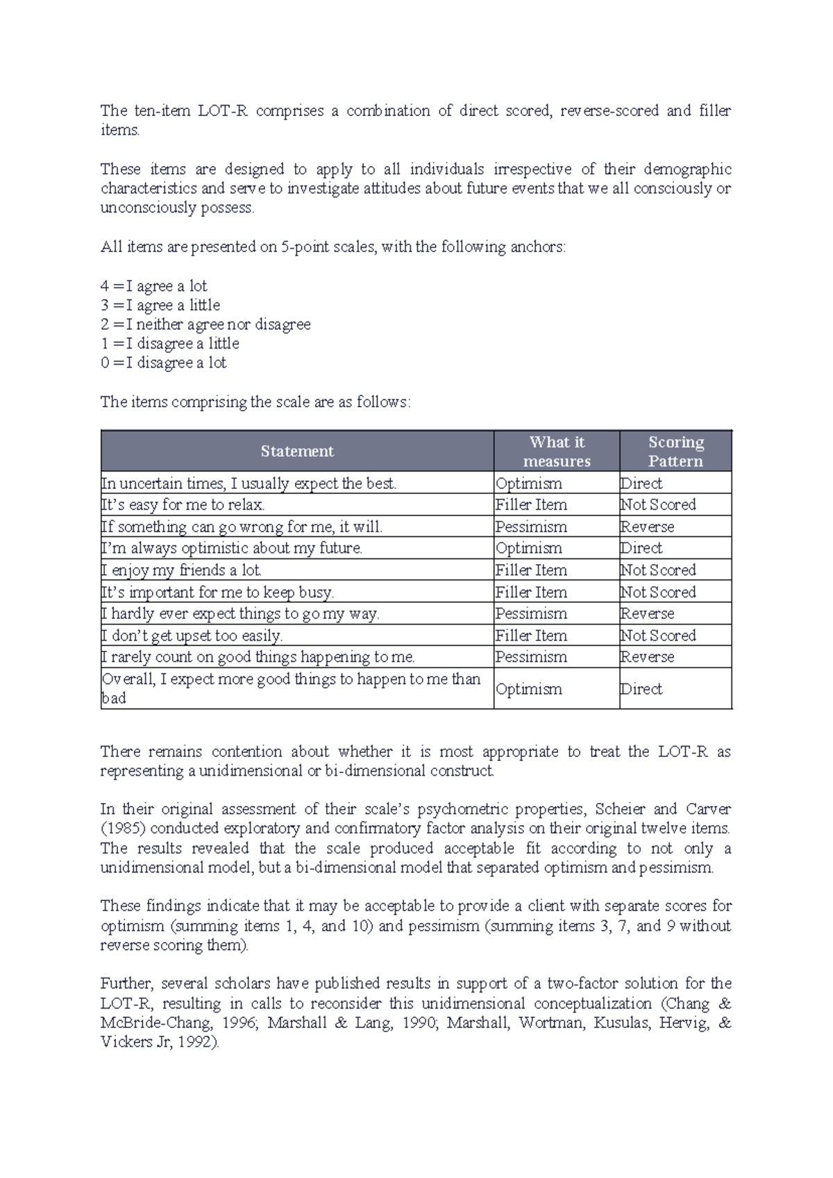 LOTR Manual - The ten-item LOT-R comprises a combination of direct ...
