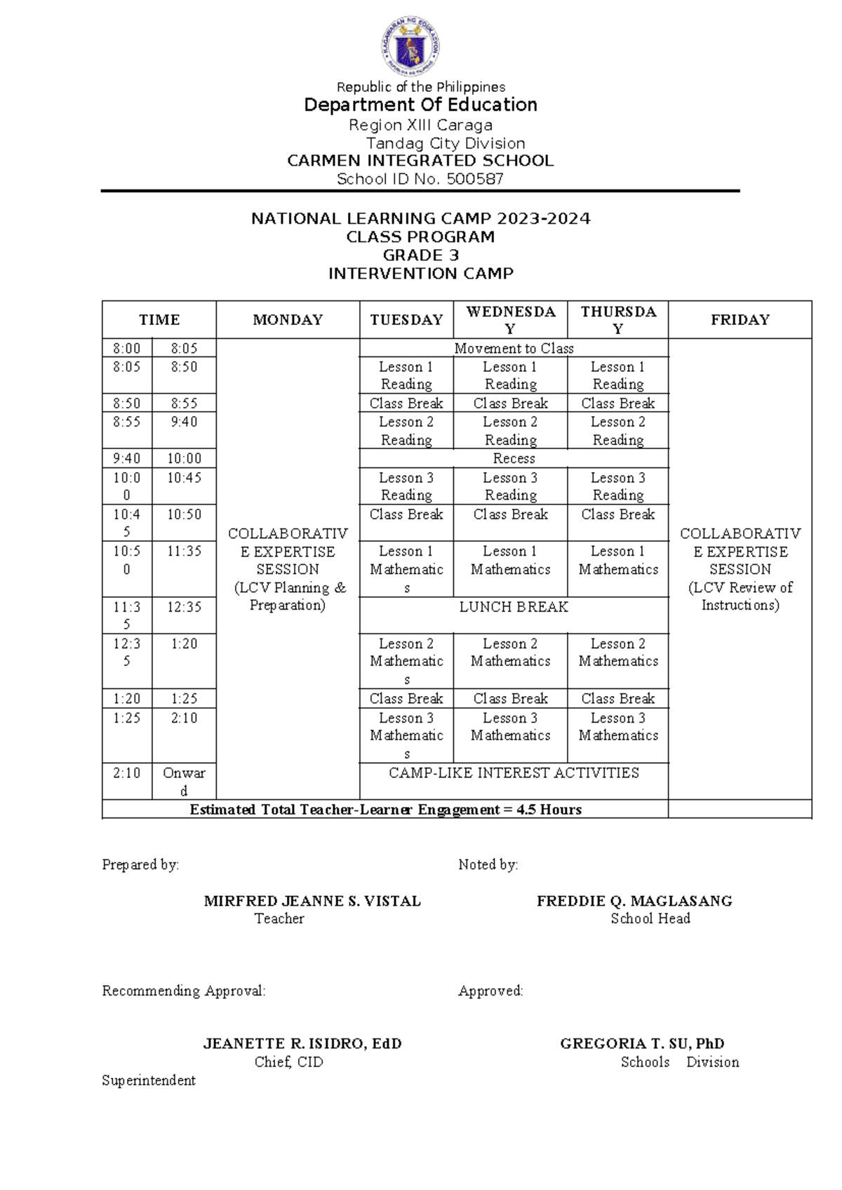 National Learning CAMP 2023 Class Program - Republic of the Philippines ...