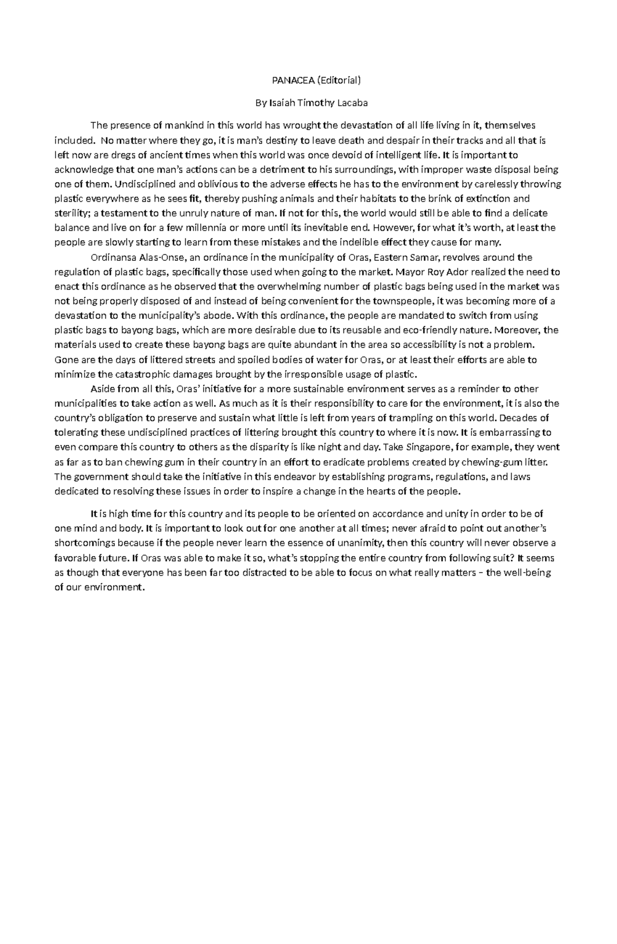 Panacea - Notes - PANACEA (Editorial) By Isaiah Timothy Lacaba The ...