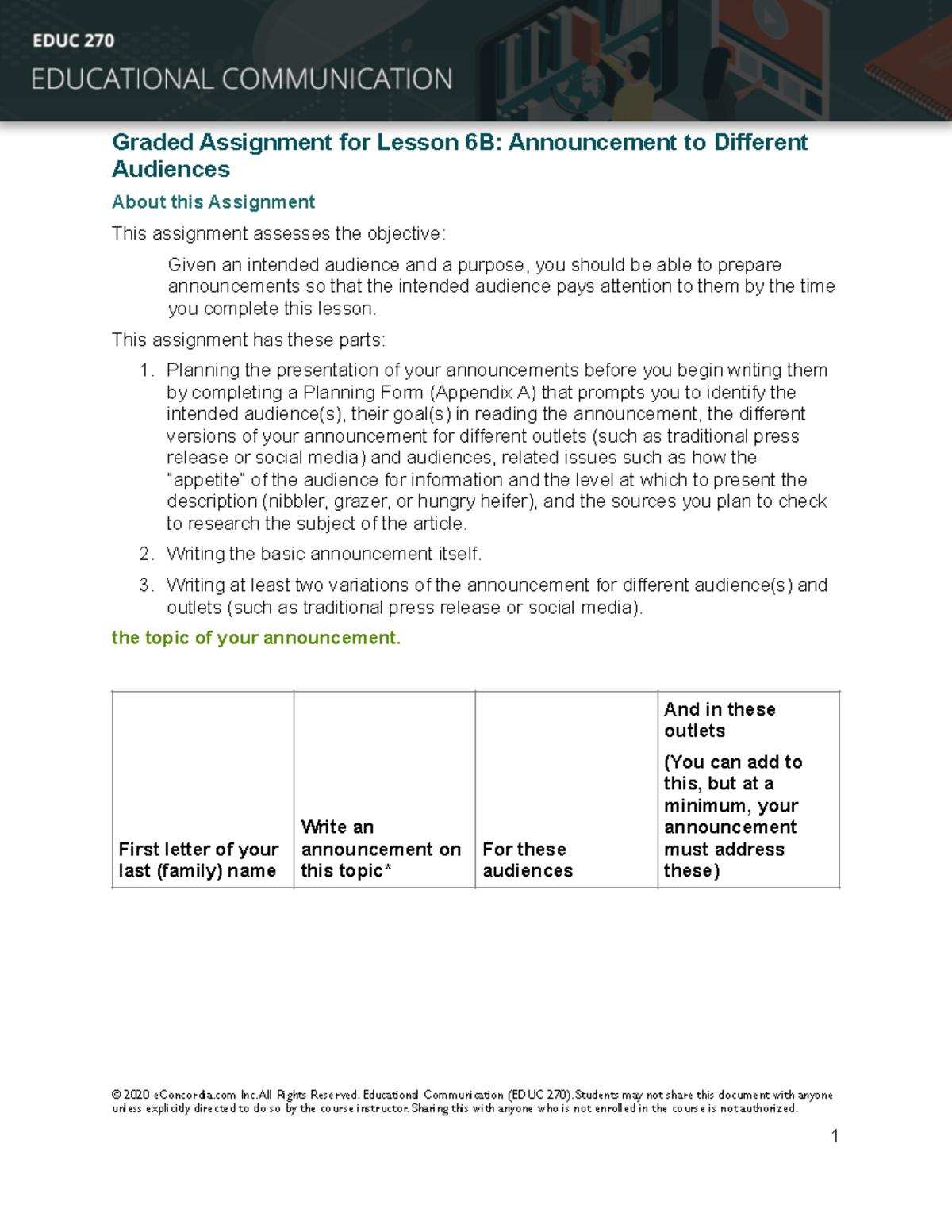 Announcement Instructions - Graded Assignment for Lesson 6B ...