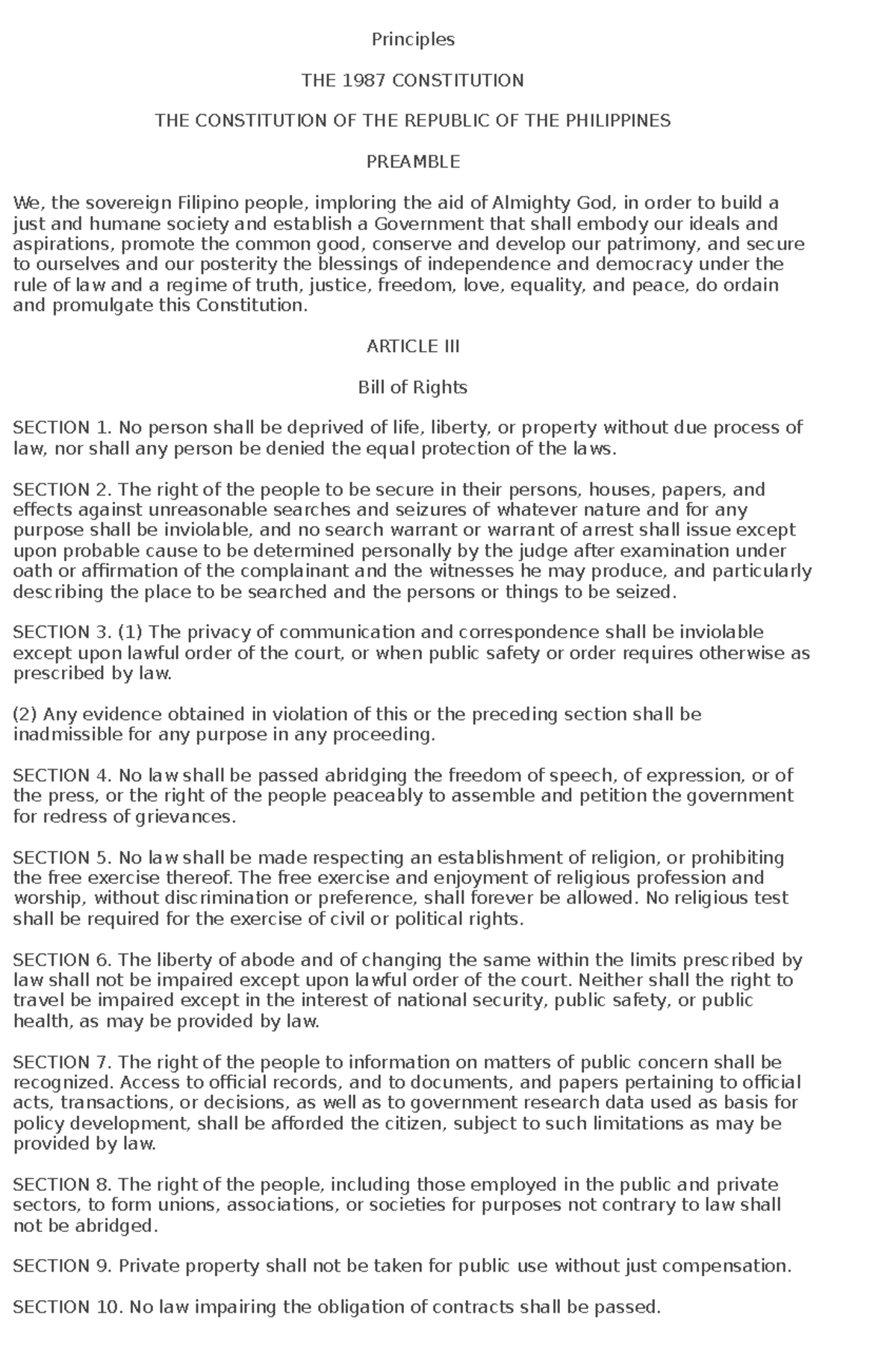Preamble-Art - rotc - Principles THE 1987 CONSTITUTION THE CONSTITUTION ...