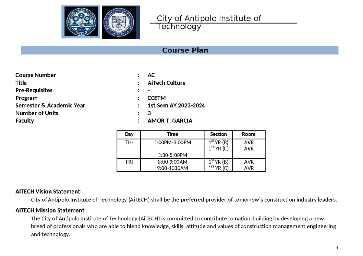 Aitech Culture- Course Plan-Updated ATG - Technology School of ...
