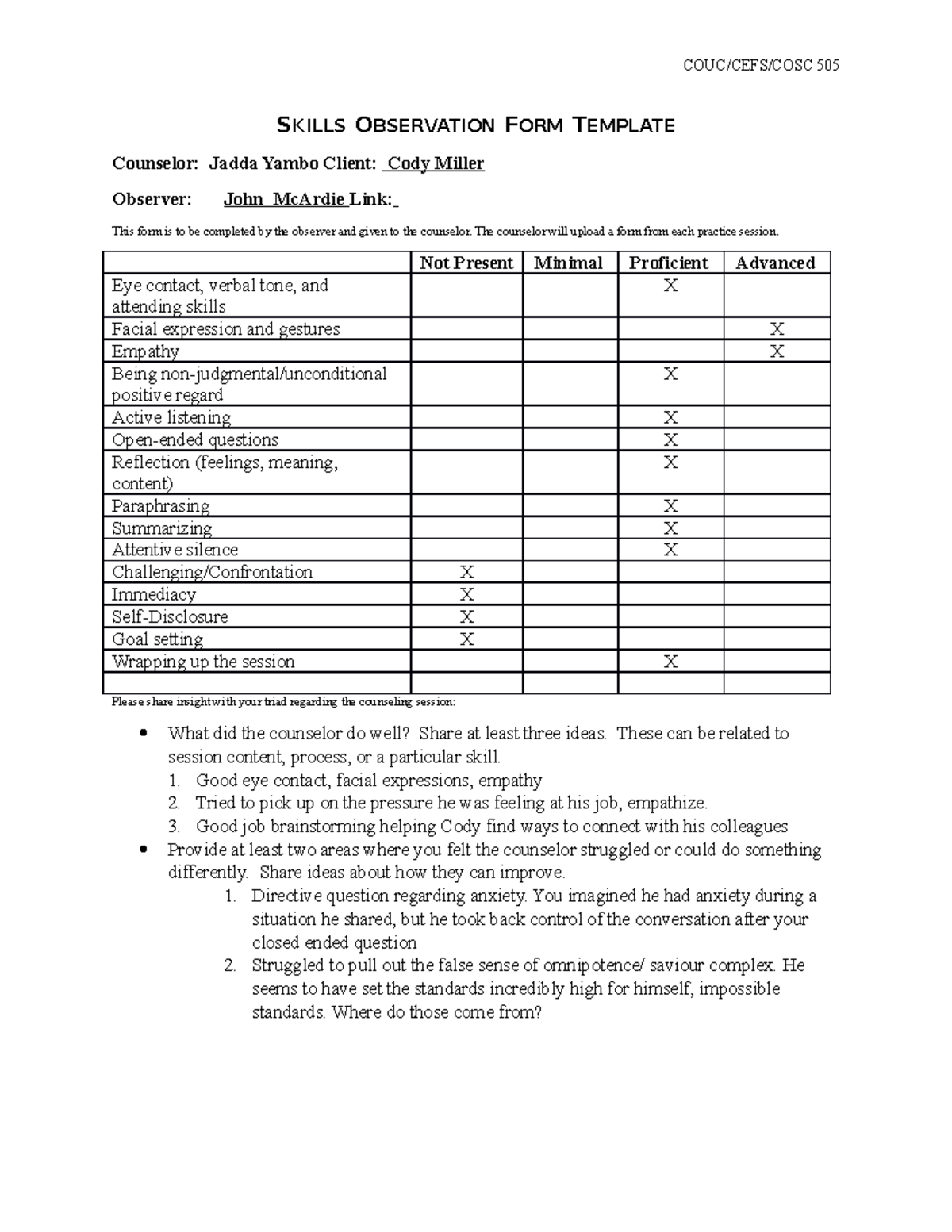 Skills Observation Form Template 27 Oct Change Techniques - COUC/CEFS ...