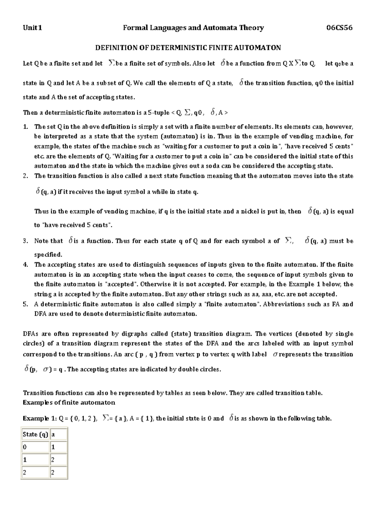 06CS56 Flatunit 1 - Unit1 Formal Languages and Automata Theory 06CS ...