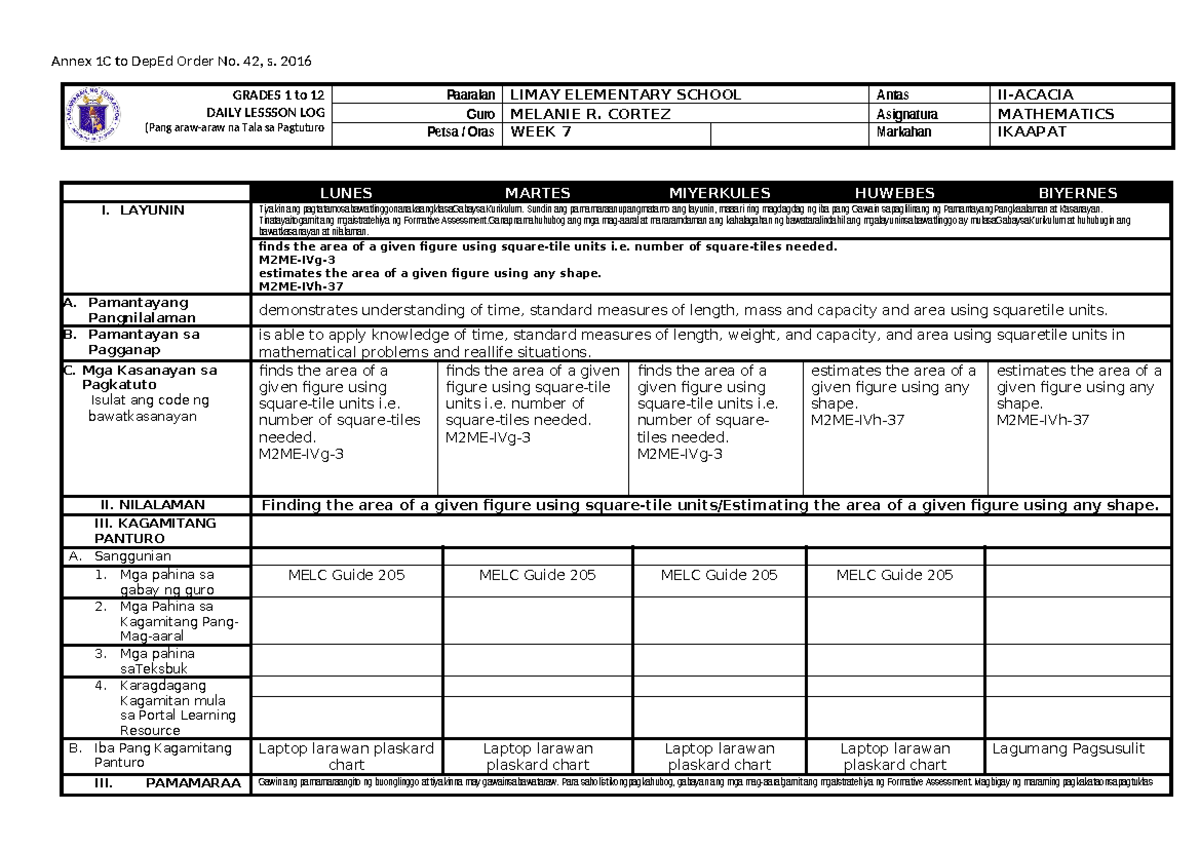 Q4-MATH-WEEK 7 - LECTURE NOTE - GRADES 1 to 12 DAILY LESSSON LOG (Pang ...