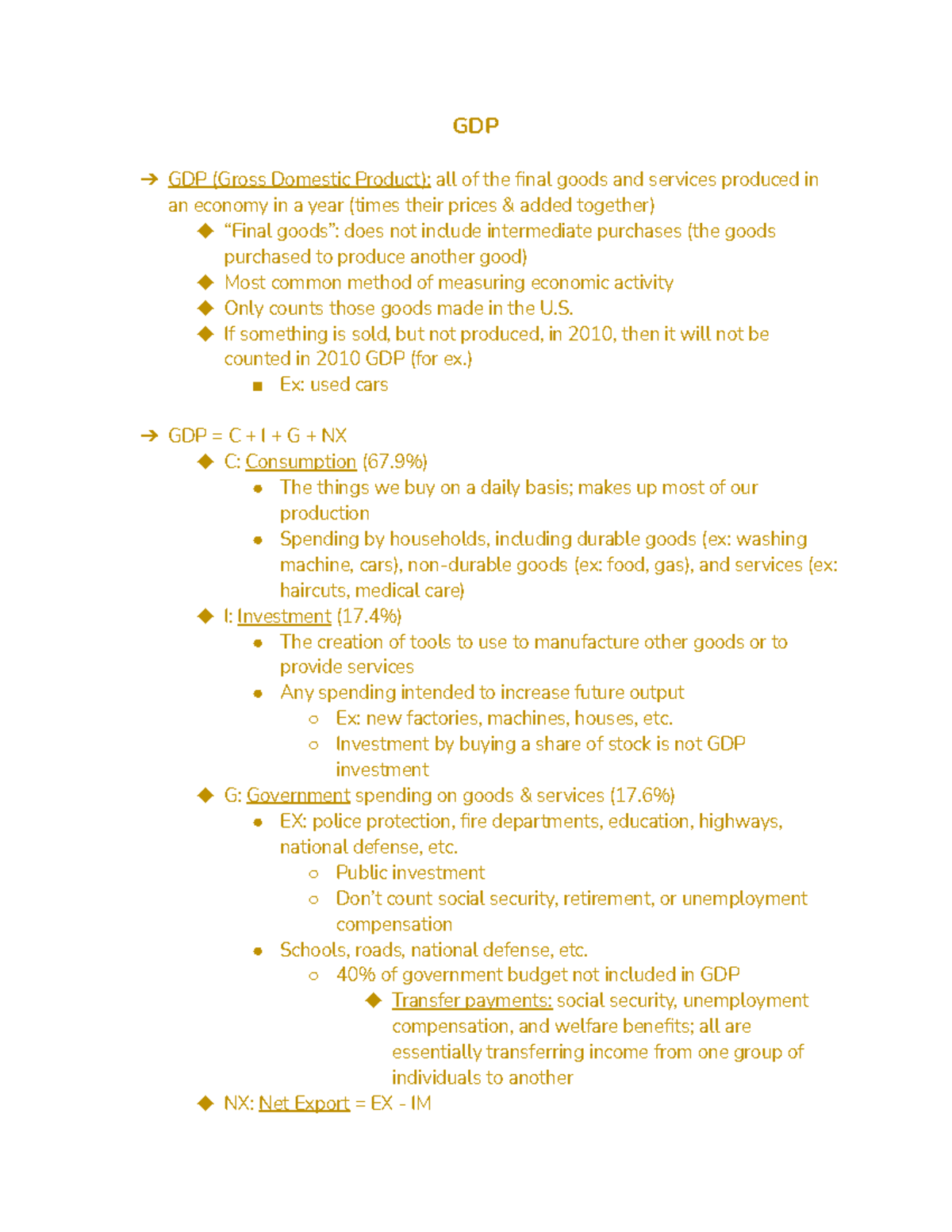 Gross Domestic Product Notes - ECON 1010 - Vandy - Studocu