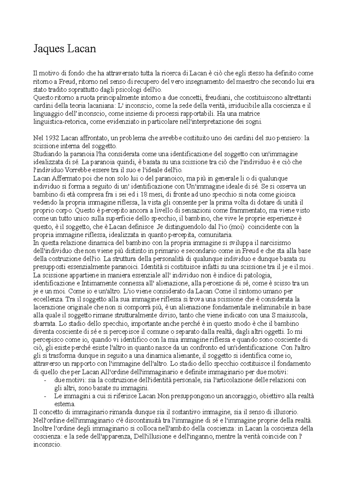 Jaques Lacan - scissione interna del soggetto - Jaques Lacan Il motivo di fondo che ha ...