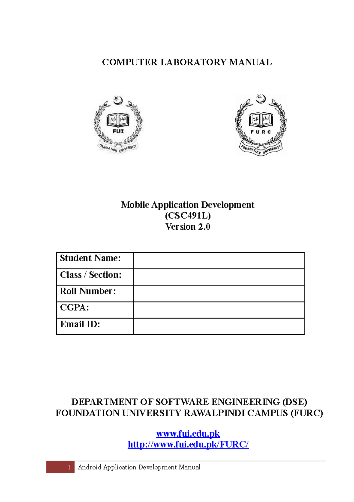 CSC-491L - Mobile Application Development Lab Manual ver 2 - COMPUTER LABORATORY MANUAL Mobile ...