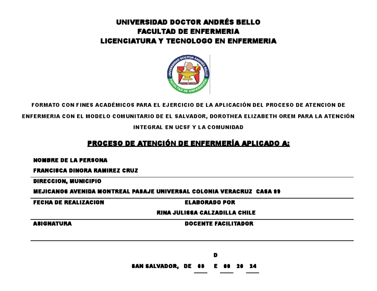 Formato PAE Dorothea Elizabeth OREM - UNIVERSIDAD DOCTOR ANDRÉS BELLO ...