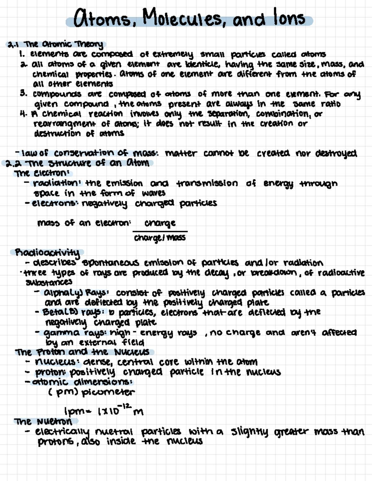 Atomic Structure - Chang Chem textbook notes Ch 2 - Atoms, Molecules ...