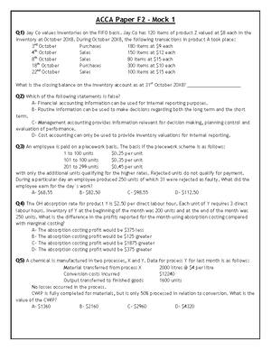 F2 Mock Exams Answers Shared by Ali Abbas - F2:Mock Exam 1: Answer Sheet: Mcqs: Question#1: 2 ...