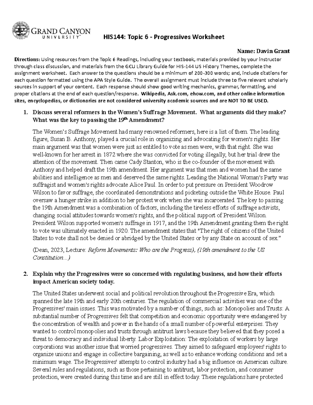HIS-144-Progressives Worksheet 2D - HIS144: Topic 6 - Progressives ...