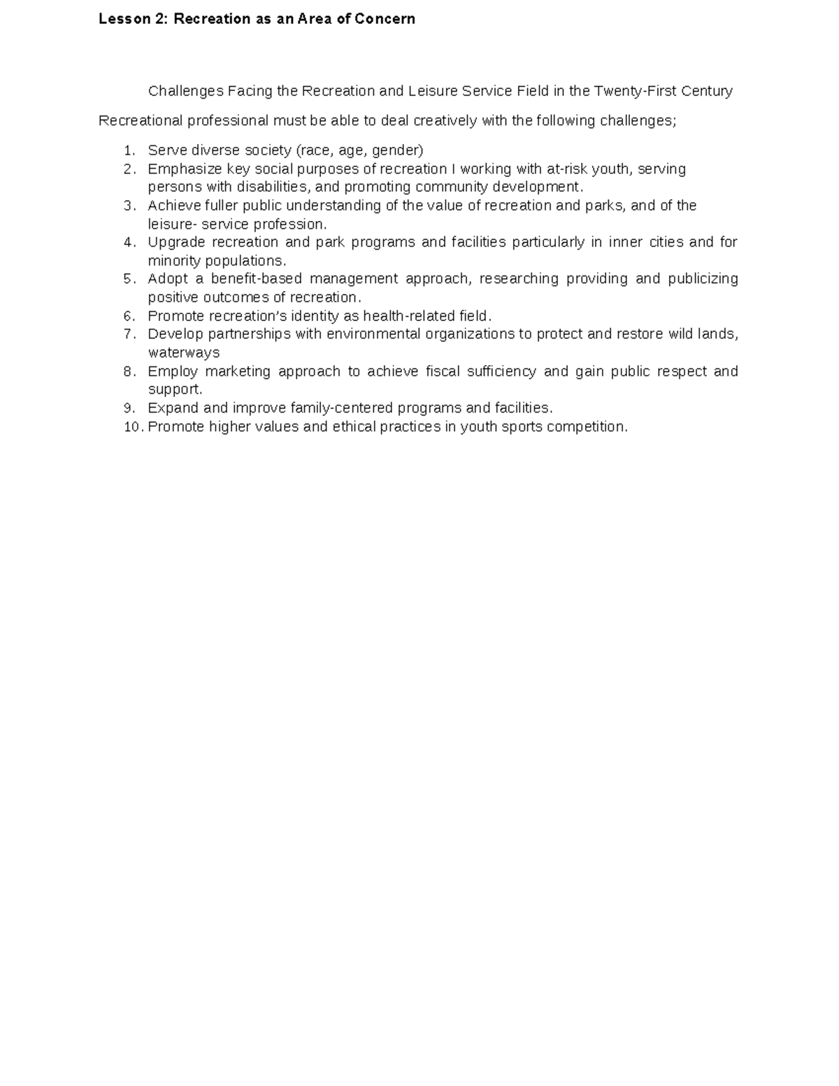 Lesson 2- Recreation as an Area of Concern - Lesson 2: Recreation as an ...