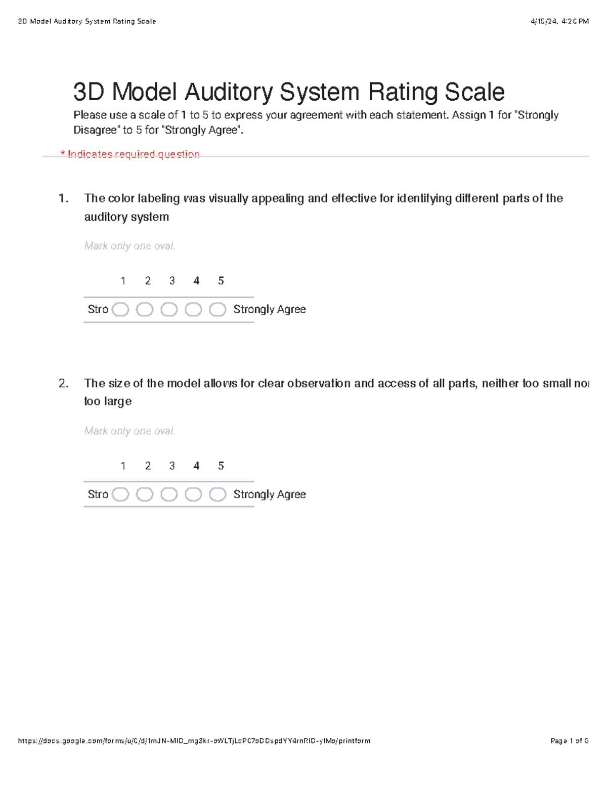 3D Model Auditory System Rating Scale 2 - 1. Mark only one oval ...