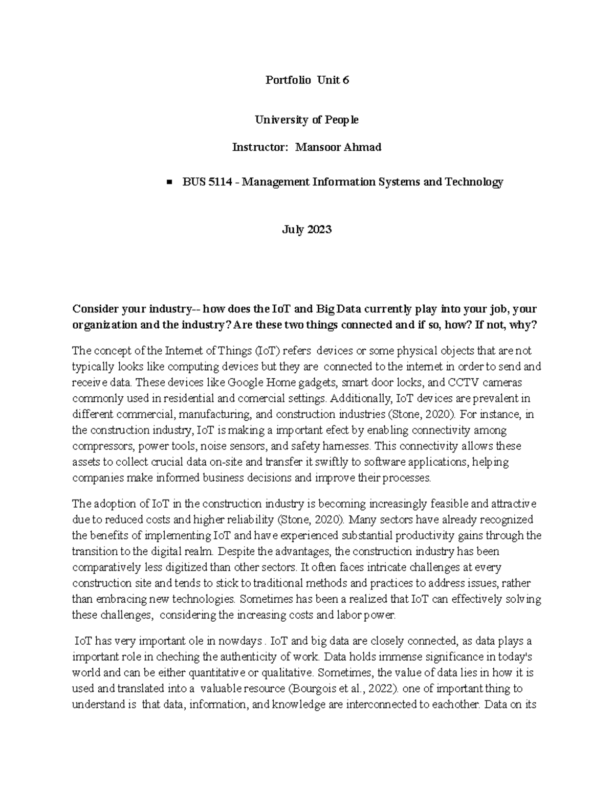 Bus 5114 P-6 - portfolio unit 6 - Portfolio Unit 6 University of People Instructor: Mansoor ...