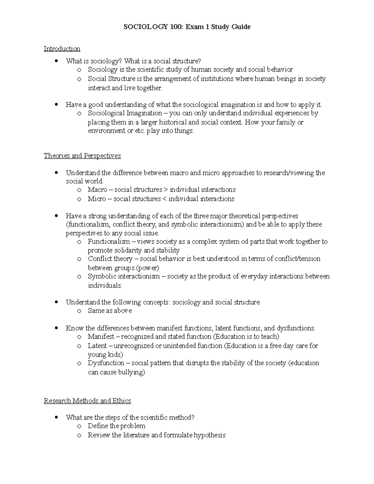 Exam 1 Study Guide - Mr. Petts Introduction to Sociology - Introduction ...