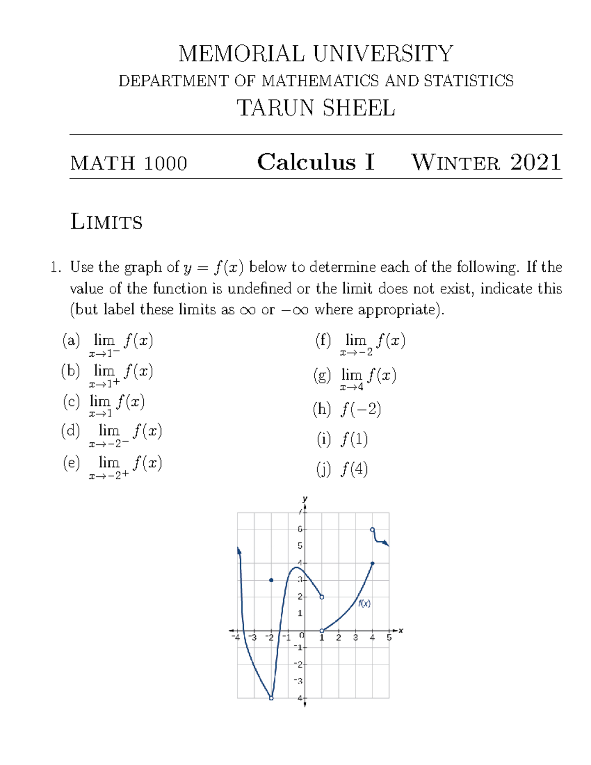 Math 1000-Test Review Worksheet - MEMORIAL UNIVERSITY DEPARTMENT OF ...