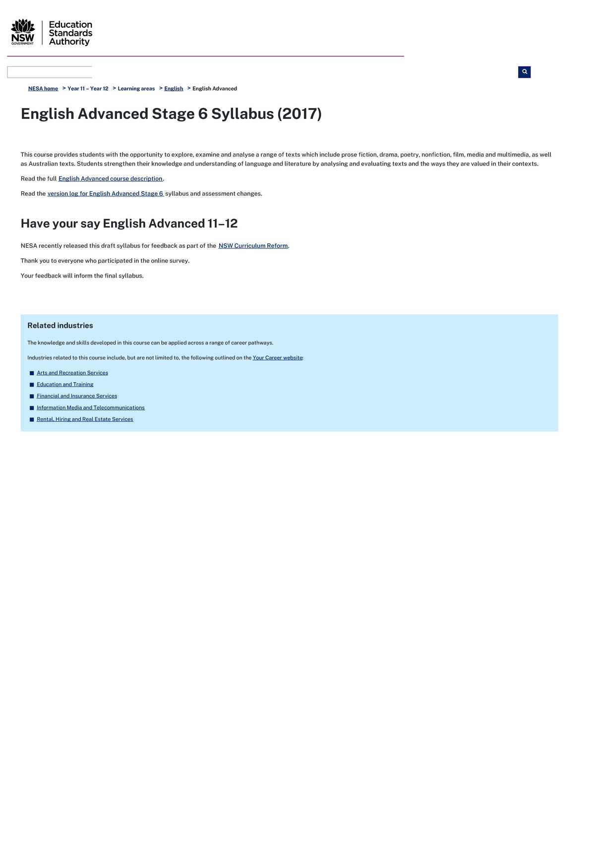 English Advanced NSW Education Standards - NESA home > Year 11 – Year ...