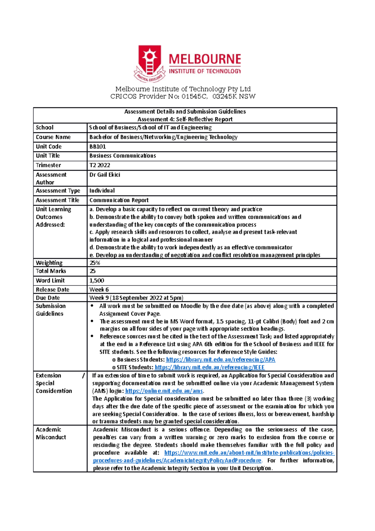 BB101 Communication Report (Individual) (5) - Melbourne Institute of ...