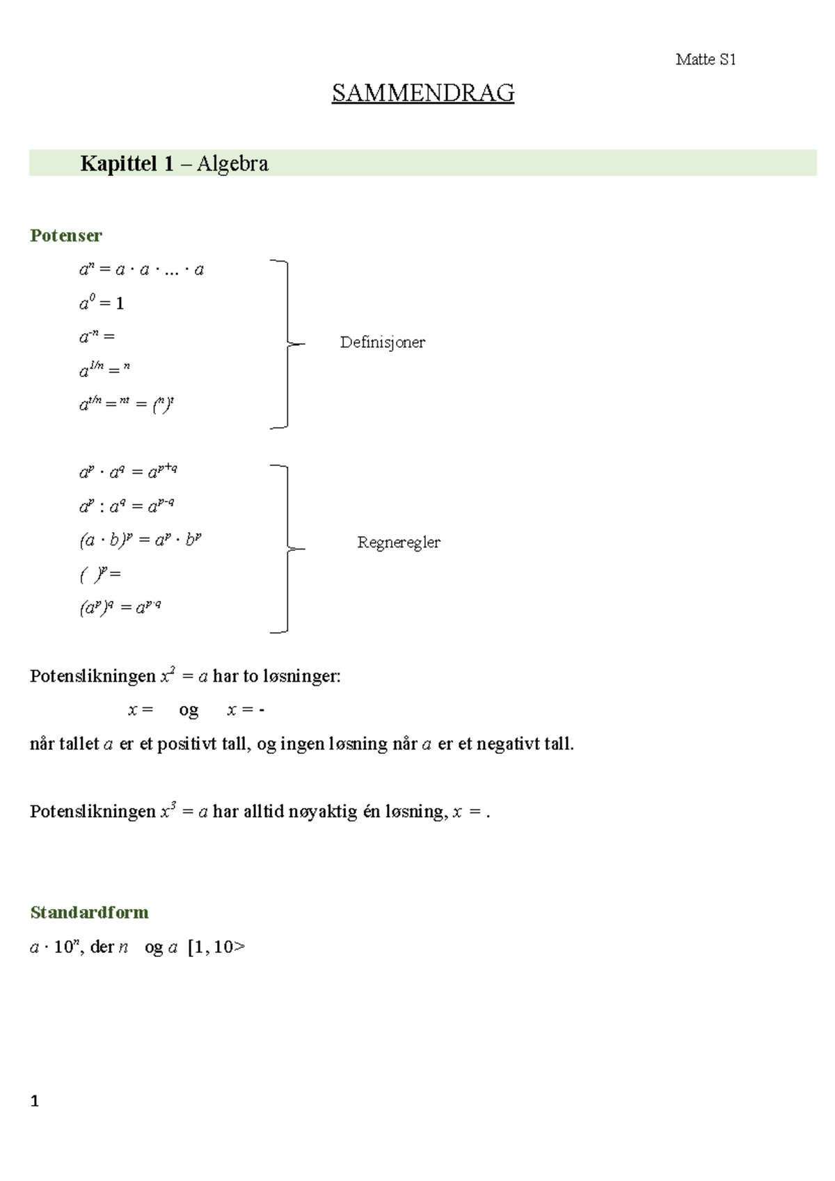 Sammendrag S1 - SAMMENDRAG Kapittel 1 – Algebra Potenser an = a · a · ... · a a 0 = 1 a-n = a1/n ...