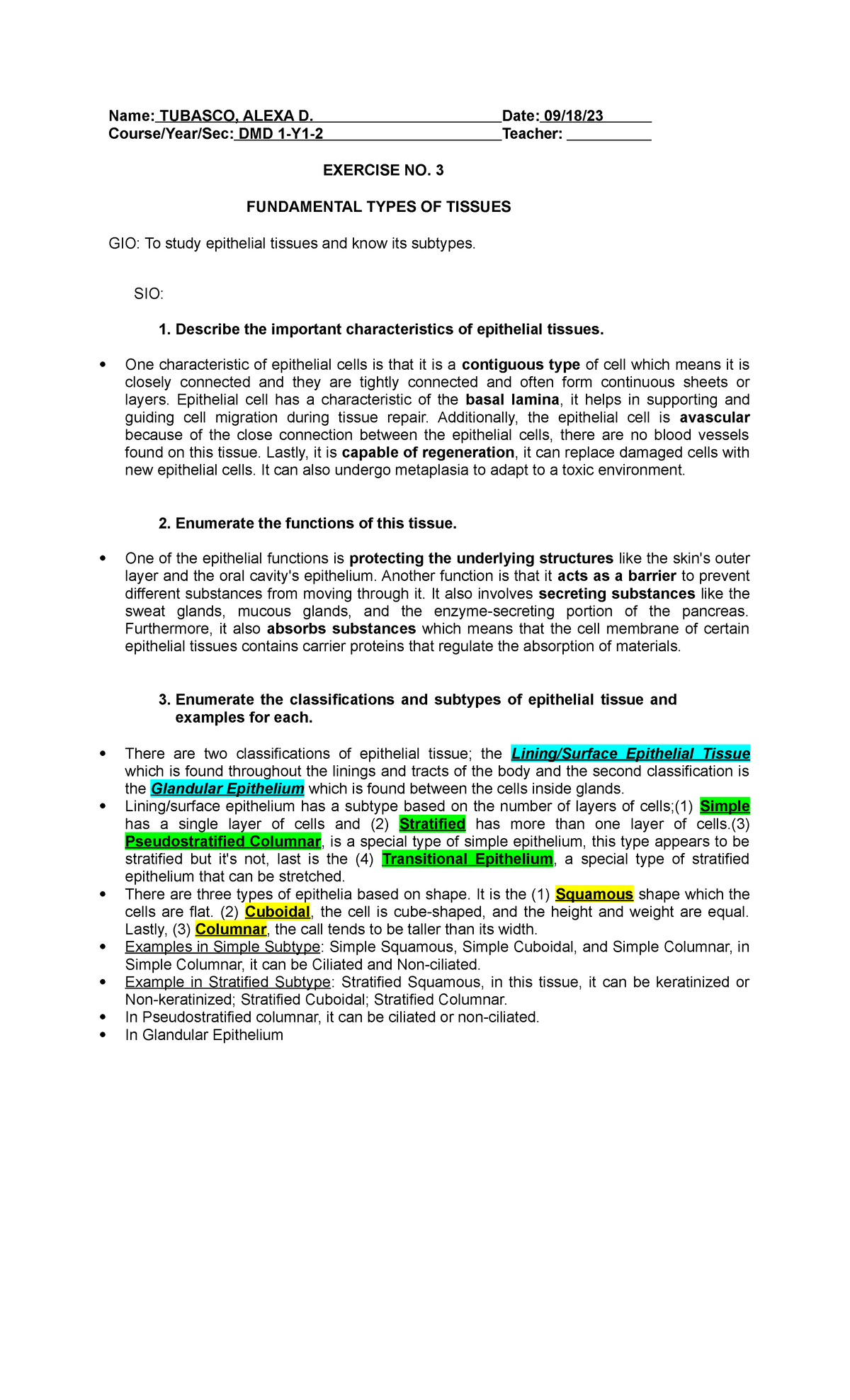 LAB Exercise Fundamental types of Tissues Integumentary System - Name ...