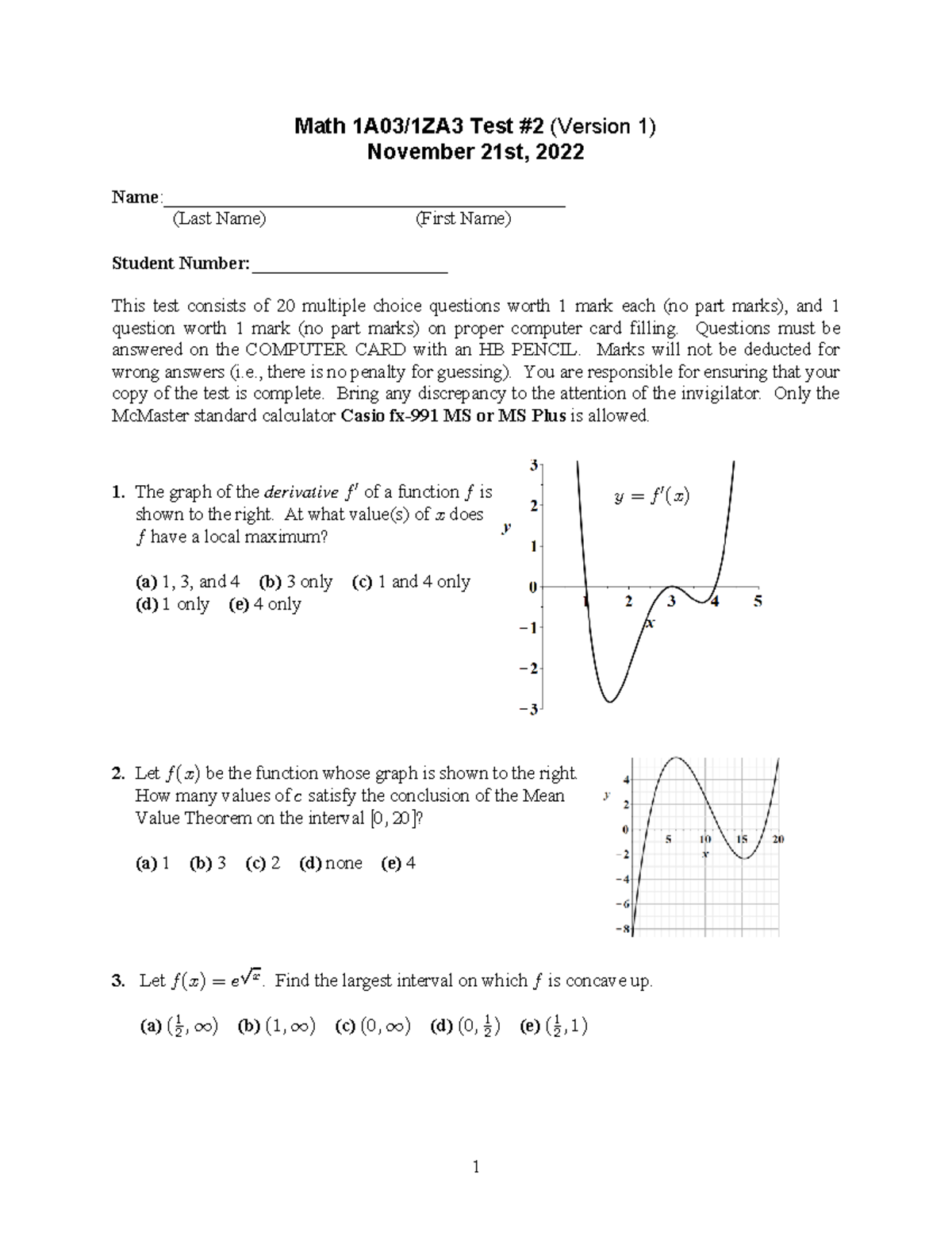 1za3 test2 fall 2022 - test 2 - Math 1A03/1ZA3 Test #2 (Version 1 ...