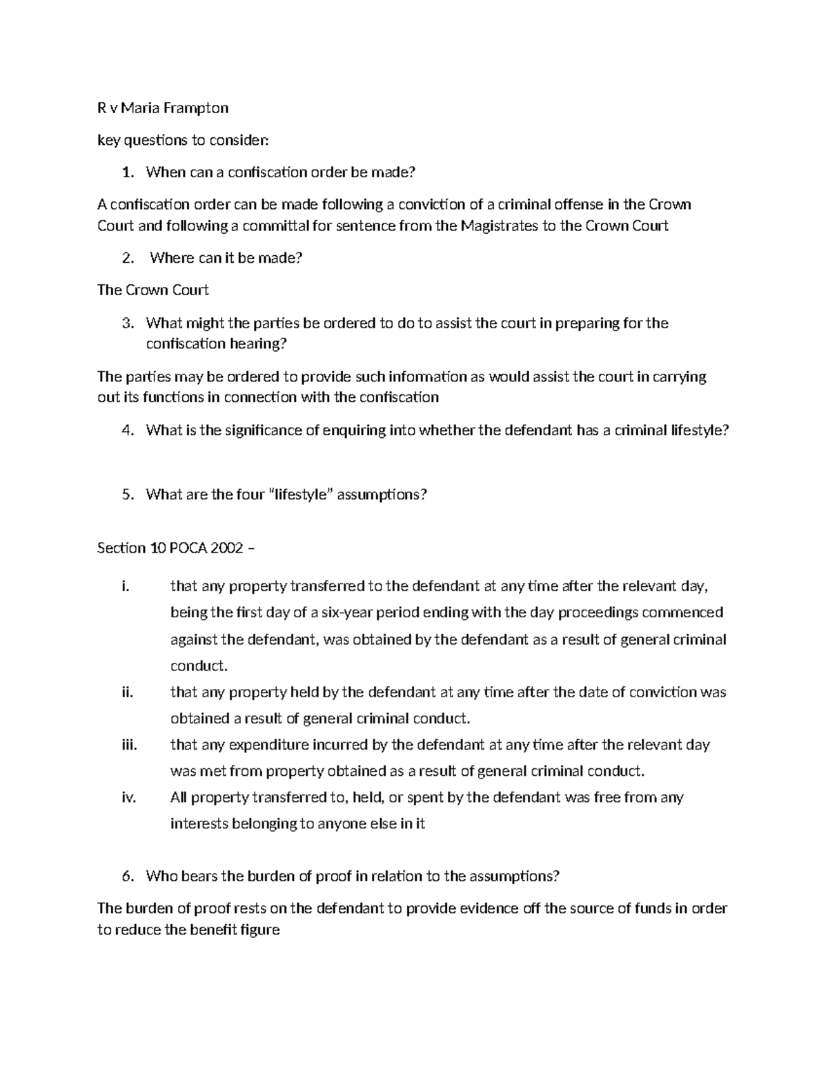 Confiscation Orders - opw bpp - R v Maria Frampton key questions to ...