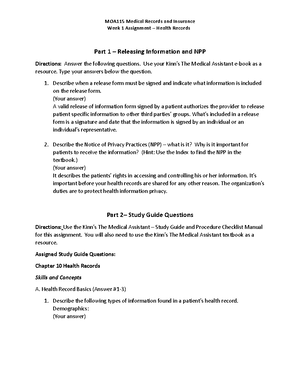 Noreen week 6 - abc - MOA115 Medical Records and Insurance Week 6 ...