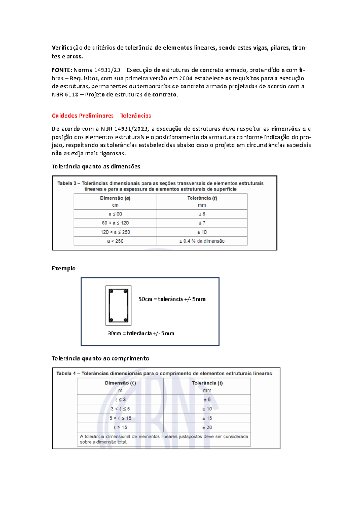 Tolerância de elementos lineares - FONTE: Norma 14931/23 – Execução de ...
