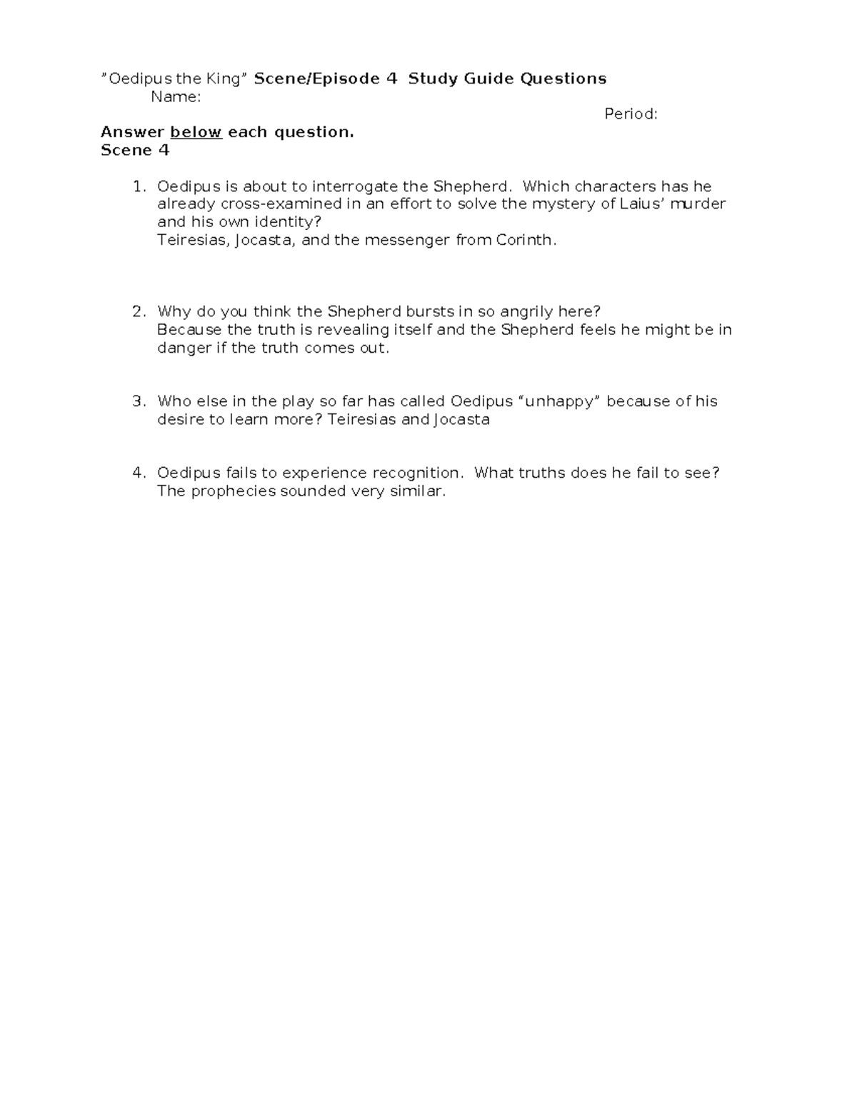 Oedipus the King Scene Episode 4 SG Questions - ”Oedipus the King ...