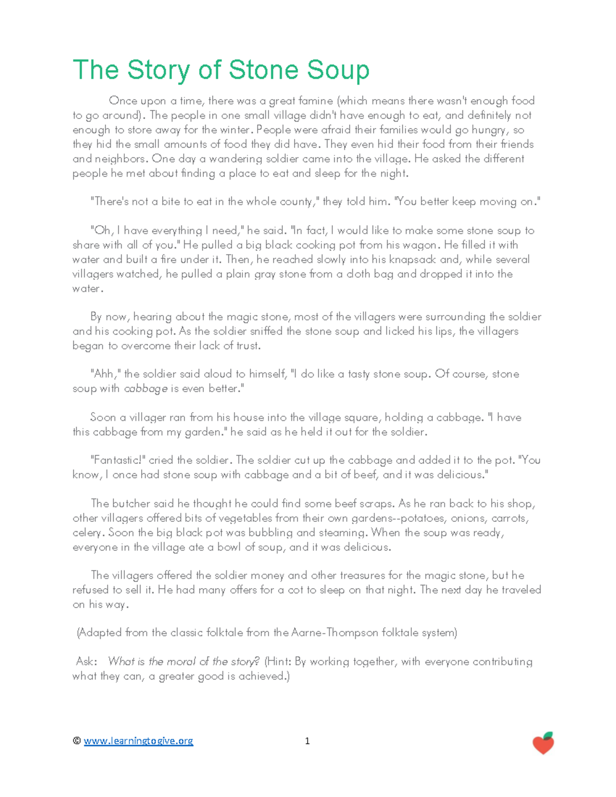 Story Stone Soup - © learningtogive 1 The Story of Stone Soup Once upon ...
